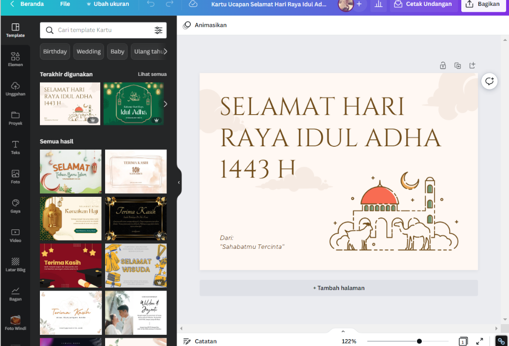 Membuat kartu ucapan Hari Raya Idul Adha 2026 Unik - Canva